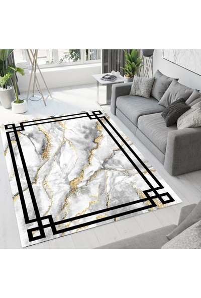 Showy Baby Siyah Işlemeli Beyaz Mermer Desenli Oturma Odası Halısı