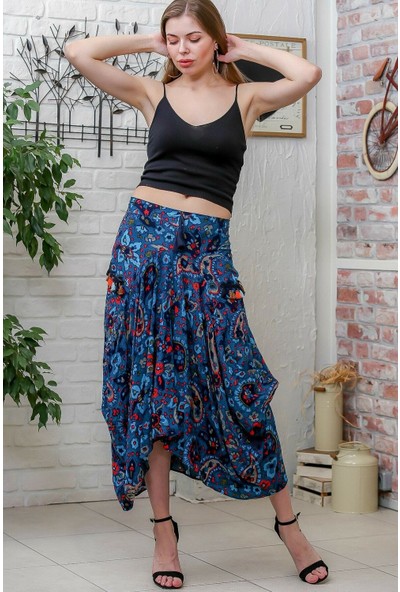 Vale Woman Petrol Mavi Şal Desenli Dokuma Etek Vale Woman Petrol Mavi Şal Desenli Dokuma Etek