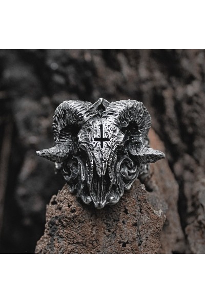 NorthShore Baphomet Gotik Skull & Cross Ayarlanabilir Motorcu Çelik Yüzük