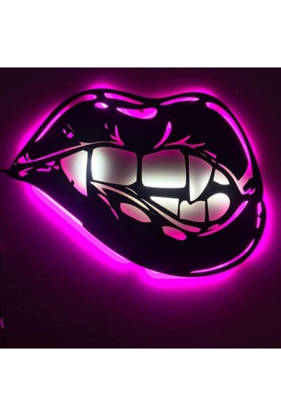 Bir2bir Hediyelik Dudak Isırığı Ledli Duvar Süsü Mdf Tablo Duvar Aksesuarı Ahşap Tablo