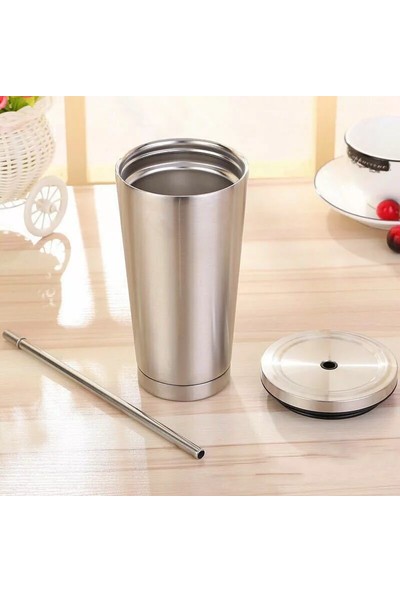 Tasarım Evi Çift Katmanlı Çelik 500 ml Pipetli Termos Bardak