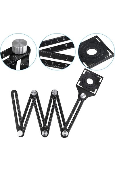 Depolife Gönye Fonksiyonlu Alüminyum Delik Ayarlayıcı Şablon Cetveli 6 Yönlü Ölçüm Cihazı Ayarlı Açılı Şablon