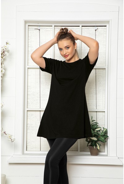 Myben Kadın Siyah Kısa Kol Pamuklu Bisiklet Yaka Penye Tunik-Içlik SLM010