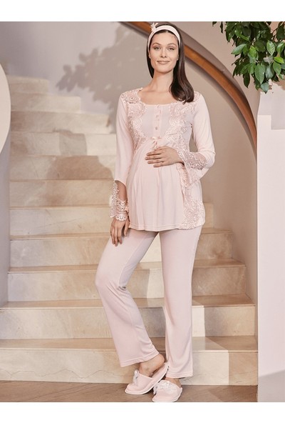 Effort Mecit Pudra Şehzade Dantelli Lohusa Pijama Takımı 5015 Effort Mecit Pudra Şehzade Dantelli Lohusa Pijama Takımı 5015