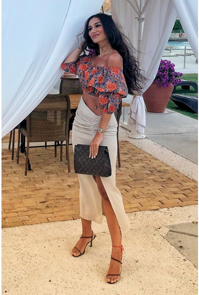 4 Sisters Fashion Yırtmaçlı Büzgülü Bej Keten Etek