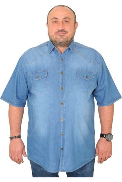 Moc Grande Büyük Beden Erkek Kot Gömlek Çift Cepli Kısa Kol