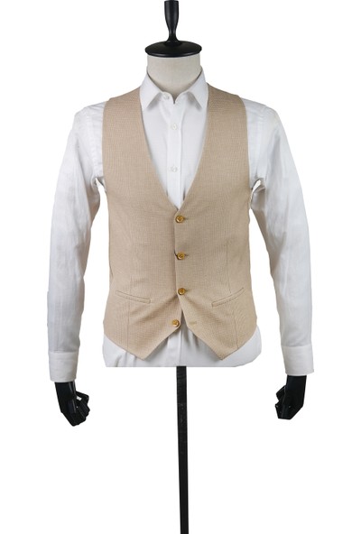 İmza Bej Desenli Slim Fit Yelek