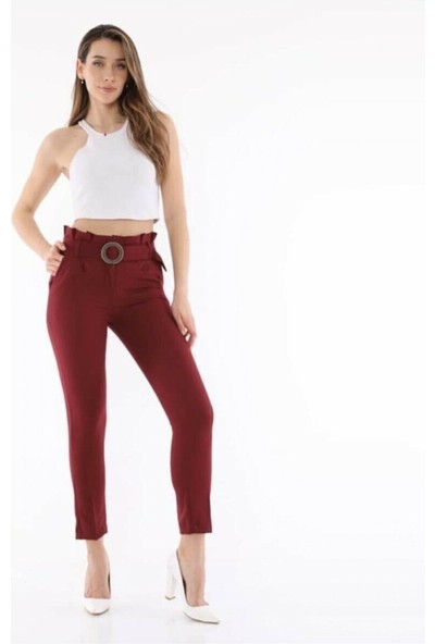Casual Suit Kadın Bordo Yüksek Bel Kendinden Toka Kemerli Kumaş Pantolon