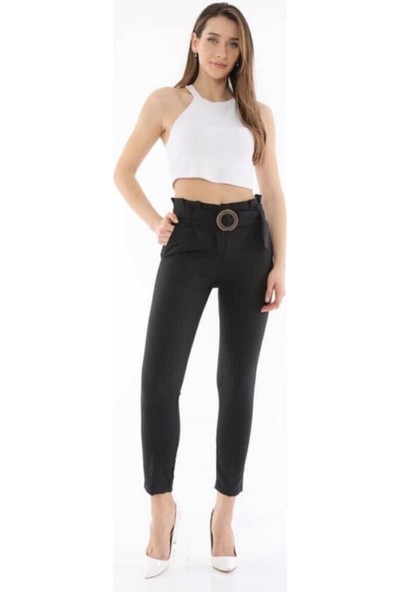 Casual Suit Kadın Siyah Yüksek Bel Kendinden Toka Kemerli Kumaş Pantolon