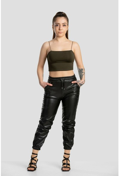 Casual Suit Kadın Lastikli Paça Siyah Deri Pantolon