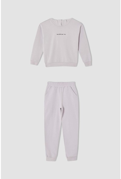DeFacto Kız Çocuk Yazı Baskılı Organik Pamuklu Sweatshirt ve Jogger Eşofman Alt Takımı U6474A621AU