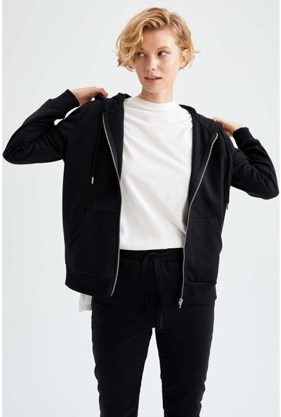 DeFacto İçi Yumuşak Tüylü Kapüşonlu Kanguru Cepli Relax Fit Hırka V2711AZ21AU