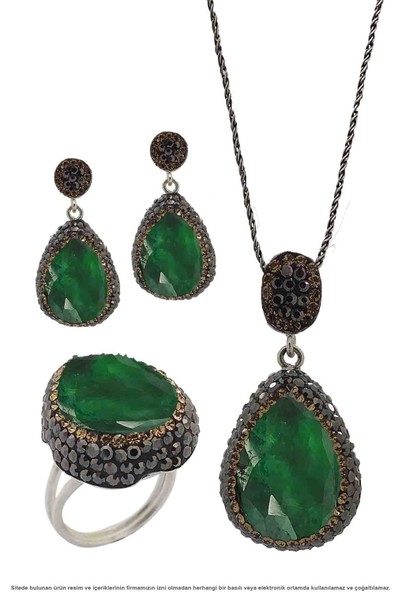 Çağrı Gümüş Yeşil Zümrüt Doğal Taşlı Gümüş Kadın Üçlü Set Ayarlanabilir Ölçü Midyat Gümüş