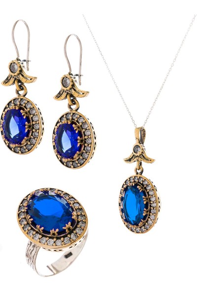 Çağrı Gümüş Mavi Safir Taşlı Otantik Üçlü Set Otantik Kadın Takı Çağrı Gümüş Mavi Safir Taşlı Otantik Üçlü Set Otantik Kadın Takı