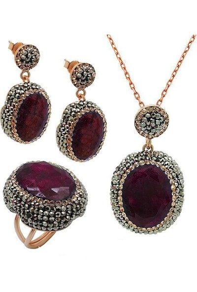 Çağrı Gümüş Kırmızı Yakut Doğal Taşlı Gümüş Kadın Üçlü Set Ayarlanabilir Ölçü Midyat Gümüş