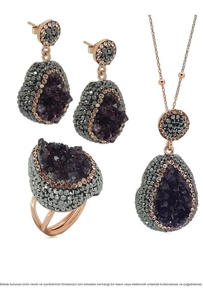 Çağrı Gümüş Mor Ametist Doğal Taşlı Gümüş Kadın Üçlü Set Ayarlanabilir Ölçü Midyat Gümüş