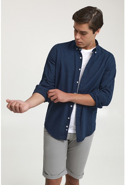 D'S Damat Slim Fit Lacivert Keten Görünümlü Gömlek