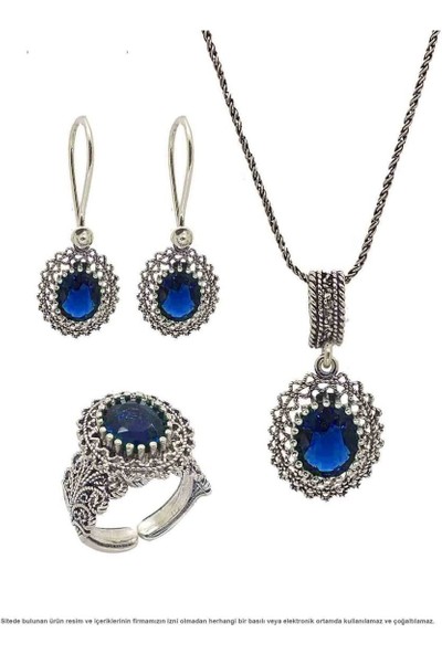 Çağrı Gümüş El Işi Kök Safir Taşlı Gümüş Telkari Üçlü Set Takı Midyat