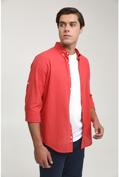 D'S Damat Slim Fit Nar Çiçeği Keten Görünümlü Gömlek