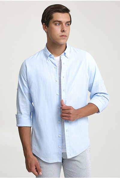 D'S Damat Slim Fit Mavi Keten Görünümlü Gömlek D'S Damat Slim Fit Mavi Keten Görünümlü Gömlek