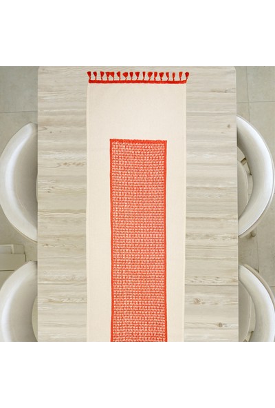 Vivamaison Ortası Küçük Dantelli Püsküllü Kırmızı 42X150 cm Keten Runner Masa Örtüsü