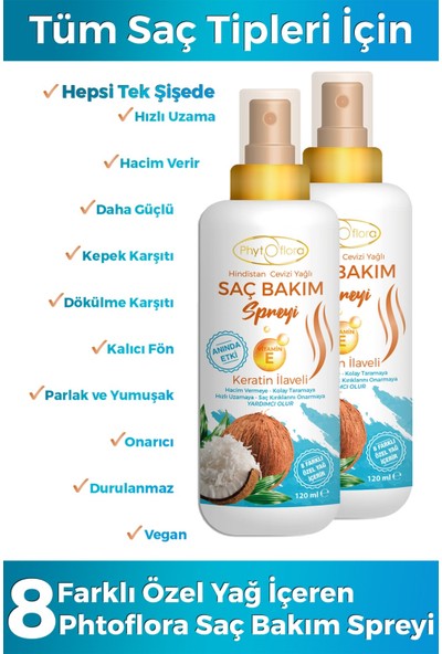 Phytoflora 2'li Set Hindistan Cevizi Yağlı Saç Bakım Spreyi 120 ml