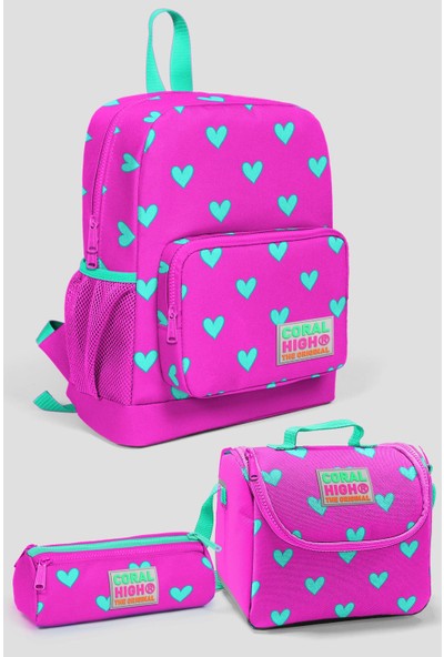 Coral High 23309 Kids Kalp Desenli İki Bölmeli Çanta Seti Pembe 3'lü Coral High 23309 Kids Kalp Desenli İki Bölmeli Çanta Seti Pembe 3'lü