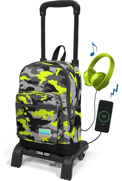 Coral High Kids Gri Kamuflaj Desenli Dört Bölmeli USB Şarjlı Kulaklık Çıkışlı Sök-Tak Çekçekli Okul Sırt Çantası