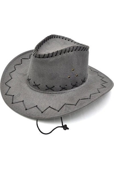 Pandoli Gri Duman Rengi Bağcıklı Nubuk Yetişkin Kovboy Şapkası