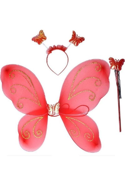 Pandoli Kelebek Kanat 50 cm Kanat Asa Taç 3 Lü Set Kırmızı Renk