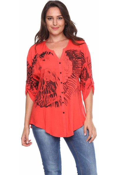 Zer Otantik Baskılı Taş Detay Büyük Beden Gömlek Bluz Mercan