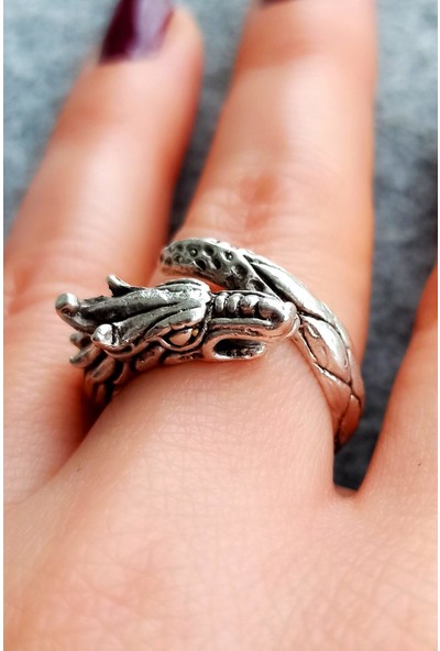 Fildişi Aksesuar Antik Gümüş Kaplama Büyük Ejderha Şekilli El Yapımı Ayarlanabilir Yüzük