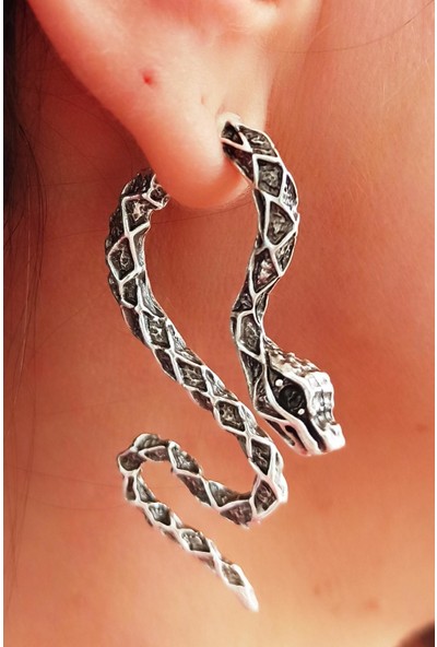 Fildişi Aksesuar Antik Gümüş Kaplama Yılan Şekilli El Yapımı Çift Küpe