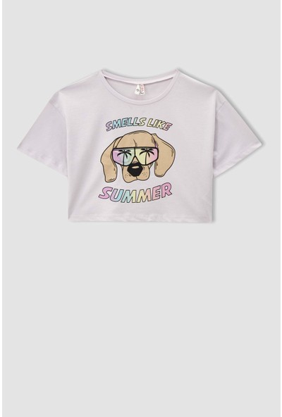 DeFacto Kız Çocuk Baskılı Dokunmatik Işıklı Kısa Kollu Crop Tişört V7011A621HS