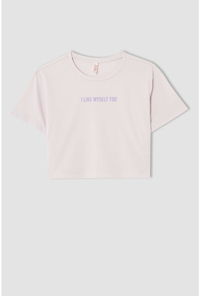 DeFacto Kız Çocuk Yazı Baskılı Crop Kısa Kollu Tişört V5407A621Hs