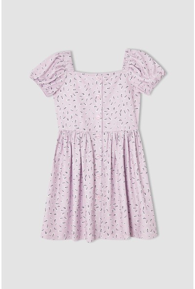 Defacto Kız Çocuk Desenli Kare Yaka Kısa Kollu Elbise V6928A621HS
