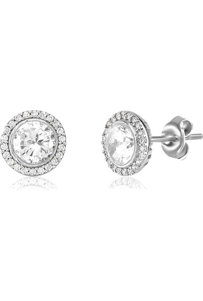 Coşar Silver Zirkon Taşlı Pırlanta Montür Gümüş Altın Kaplama Yuvarlak Gümüş Küpe