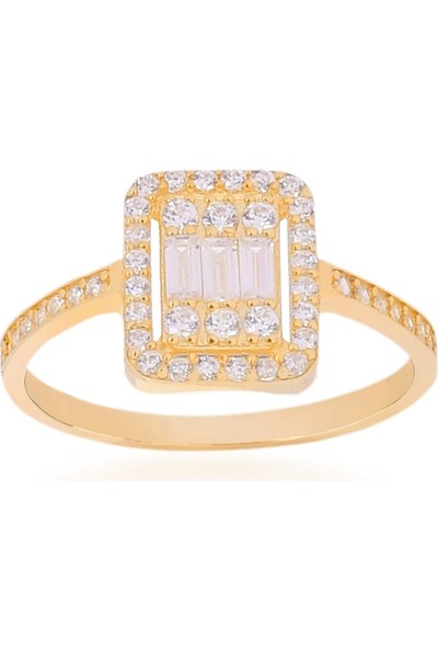 Coşar Silver Zirkon Taşlı Pırlanta Montür Altın Kaplama Ortası Baget Taşlı Gümüş Yüzük