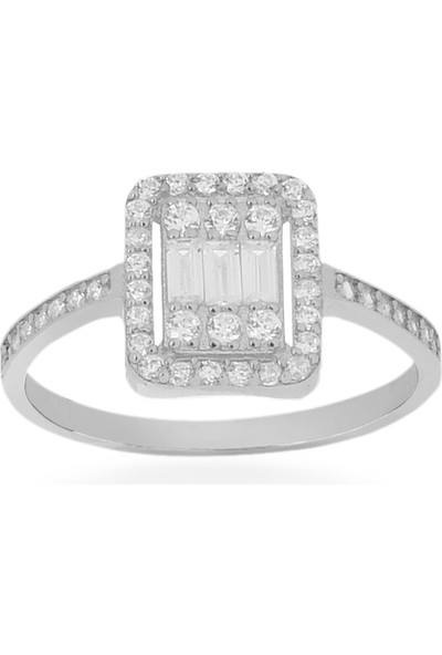 Coşar Silver Zirkon Taşlı Pırlanta Montür Gümüş Rengi Kaplama Ortası Baget Taşlı Gümüş Yüzük