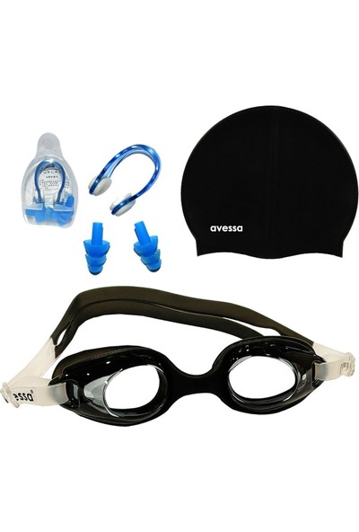 Avessa 3’lü Yetişkin Havuz Seti Siyah Gözlük, Silikon Bone, Kulak Burun Tıkacı Avessa 3’lü Yetişkin Havuz Seti Siyah Gözlük, Silikon Bone, Kulak Burun Tıkacı