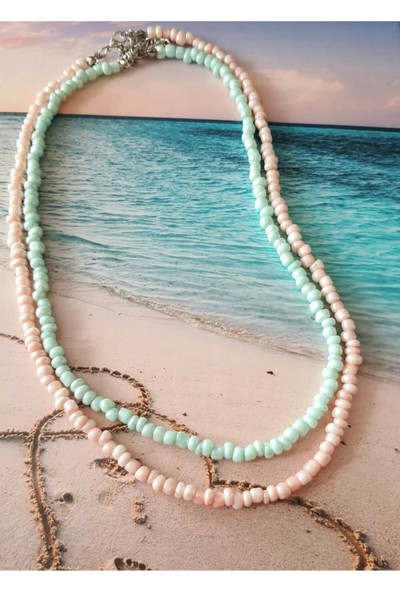 FullControl Cosibella Mint Yeşili Ikili Renkli Boncuk Kolye Somon Rengi Kolye