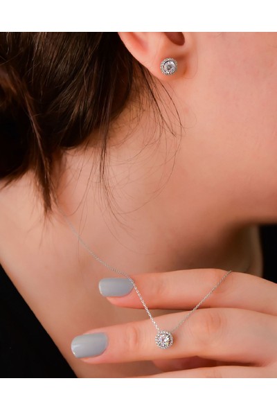 Papatya Silver 925 Ayar Gümüş Rodyum Tektaş Kolye Küpe Set