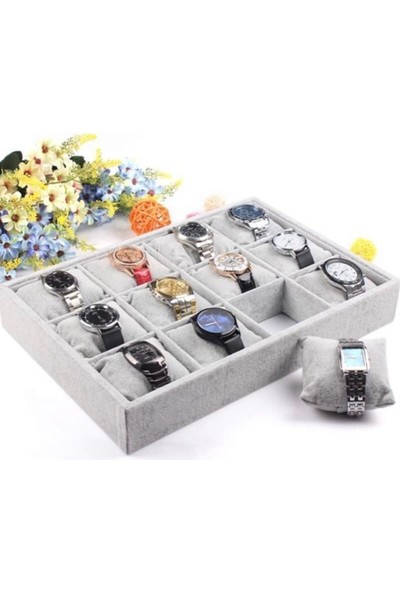 Özer Kutu 12 Li Saat & Kelepçe Yastıklı Masaüstü Kutu & Tabla Gri