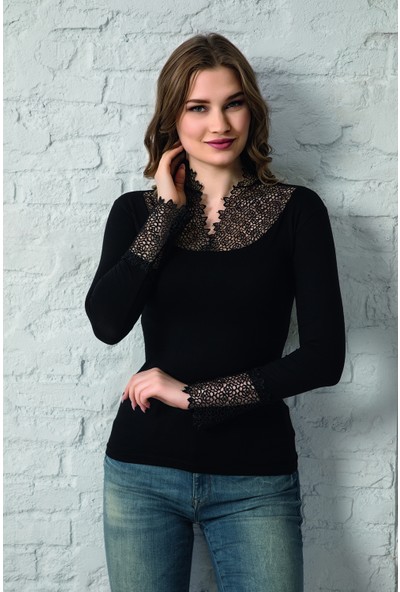 Trend Sizde Kadın Siyah Ön ve Kol Dantelli Uzun Kol Viskon Bluz
