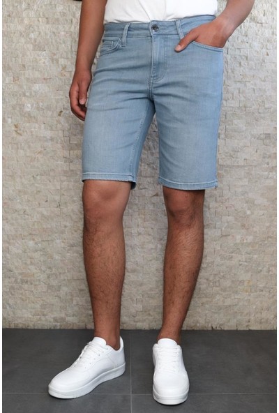 Hlt Jeans Erkek Taşlamalı Rahat Kesim Açık Mavi Kot Jean Şort