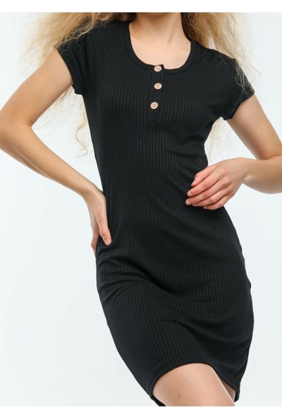 Stanpolis Siyah Kısa Kollu Düğme Detaylı Kaşkorse Elbise