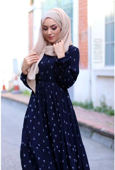 Lugmo Çapa Desenli Elbise Tesettür Viskon Koton Kumaş Lacivert Lugmo Çapa Desenli Elbise Tesettür Viskon Koton Kumaş Lacivert