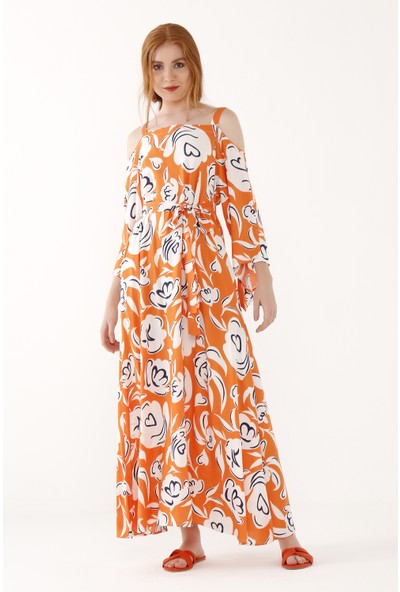 Yoncaekspres Askılı Omzu Açık Elbise 3289 Turuncu