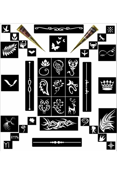 Henna Dibace Süper Seri Kına Kalıbı Geçici Dövme ve 2 Adet Golecha Hint Kınası Henna Dibace Süper Seri Kına Kalıbı Geçici Dövme ve 2 Adet Golecha Hint Kınası