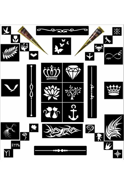 Henna Dibace Süper Seri Kına Kalıbı Geçici Dövme ve 2 Adet Golecha Hint Kınası Henna Dibace Süper Seri Kına Kalıbı Geçici Dövme ve 2 Adet Golecha Hint Kınası